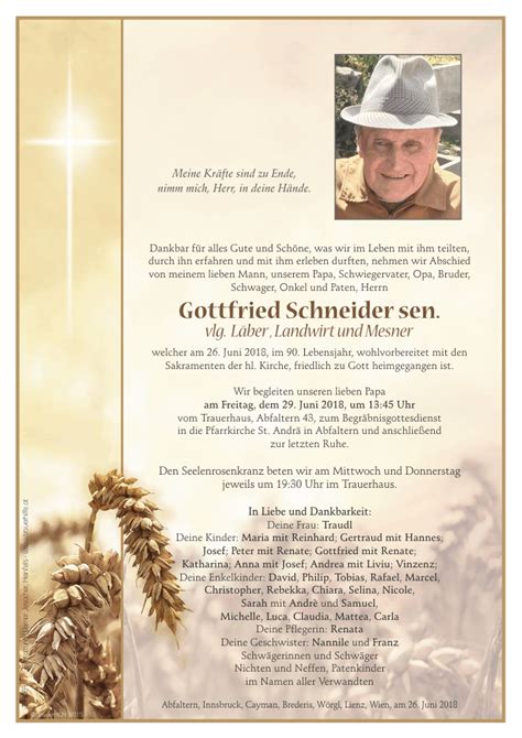 Todesanzeige Gottfried Schneider Trauer Link