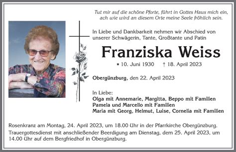 Traueranzeigen von Franziska Weiss Allgäuer Zeitung