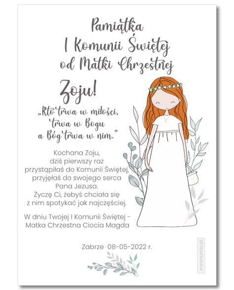 Pami Tka Komunii Od Matki Chrzestnej Personalizowana Dla Dziewczynki