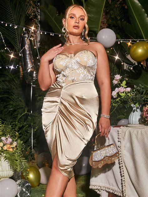 Glamaker Plus Ruched Bustier Satin Tube Bodycon Dress SHEIN USA