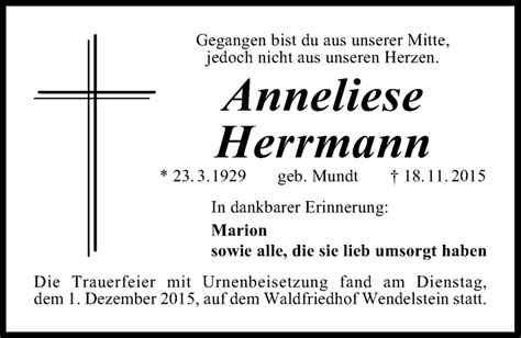 Traueranzeigen Von Anneliese Herrmann Trauer Nn De