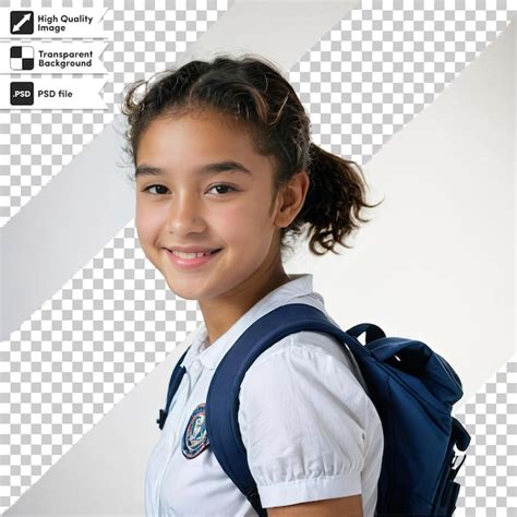 Retrato PSD de uma criança sorridente saco escolar em fundo