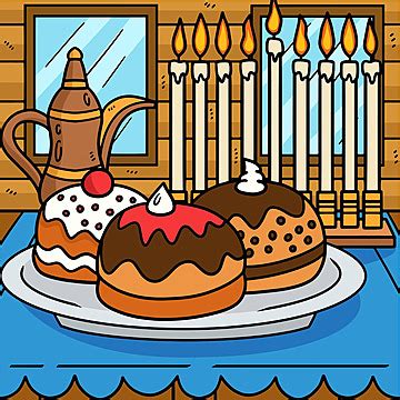 Hanukkah Sufganiyah Con Menorah Ilustración De Dibujos Animados De