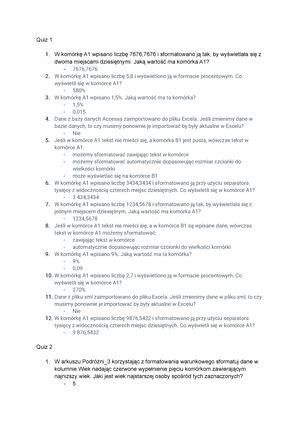 Quiz 5 Odpowiedzi Do Quizu 5 W Arkuszu Zestawienie 2 W Kolumnie E