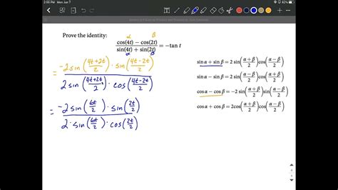 sum to product formula used to verify identity cosine cosine sine sine difference to sum