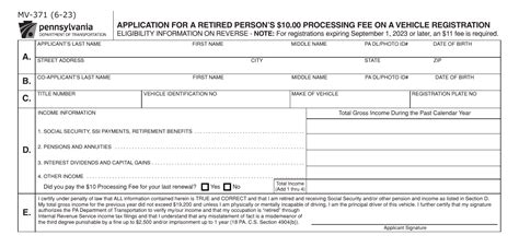 PA DMV Form MV 371 Application For A Retired Person S 10 Processing
