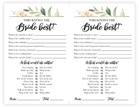 Free Printable Who Knows The Bride Best Game Pjs And Paint