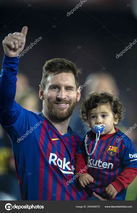 Lionel Messi Barcelona Holds His Son Ciro His Team Defeated Stock