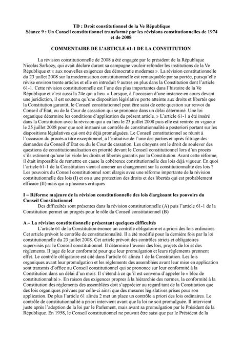 Droit Constit Article 61 1 Commentaire TD Droit Constitutionnel De