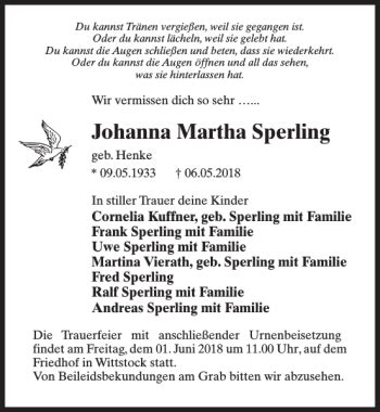 Traueranzeigen Von Johanna Martha Sperling Trauer Anzeigen De