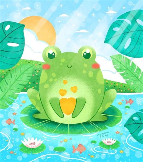A Green Frog Sitting On Top Of A Lily Pad