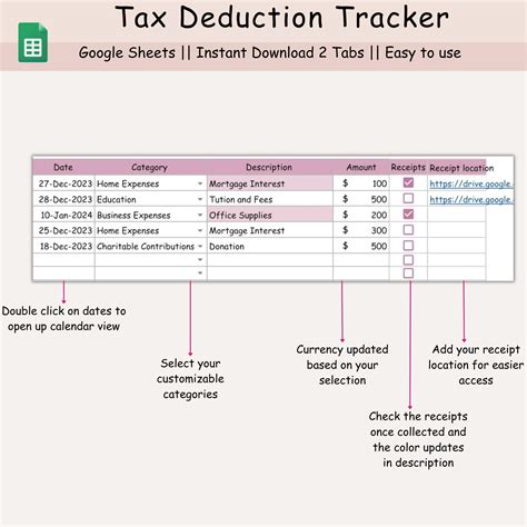 Tax Deduction Google Sheet Google Sheets Tax Tracker Sheet Tax