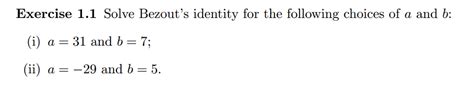 solved exercise 1 1 solve bezout s identity for the