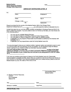 Fillable Online CPD 62 479 Limited Duty Notification Letter B
