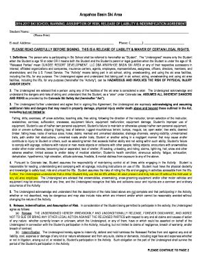 Fillable Online 2016 2017 SKI SCHOOL WARNING ASSUMPTION OF RISK
