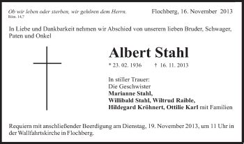 Traueranzeigen Von Albert Stahl OstalbTrauer