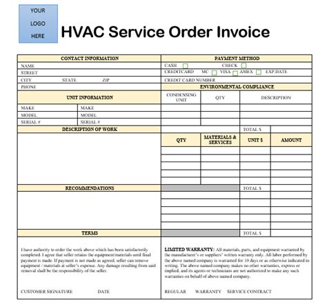 Hvac Service Invoice Template Free Professional Sample Template