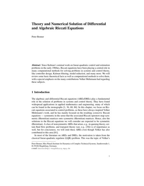 pdf theory and numerical solution of differential and algebraic riccati equations