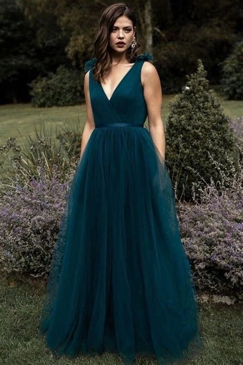 A Line V Neck And V Back Peacock Blue Long Prom Dress V Neck Open Back Peacock Blue Formal