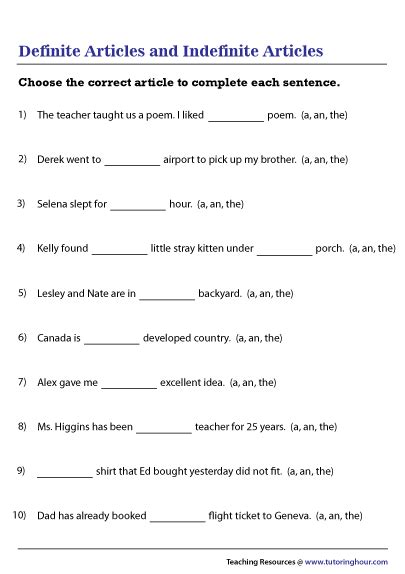 Definite And Indefinite Articles In Sentences Worksheet