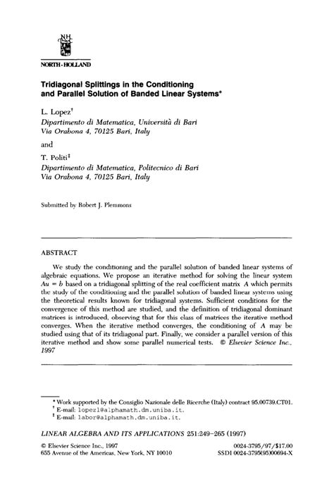 pdf tridiagonal splittings in the conditioning and parallel solution of banded linear systems