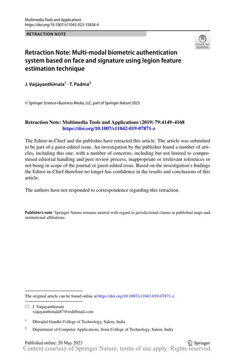 retraction note multi modal biometric authentication system based on face and signature using