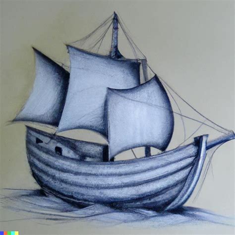 A Drawing Of A Boat With Sails On The Water In Pastel Pencils