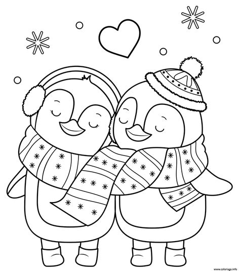 Coloriage Hiver Pingouins En Amour JeColorie