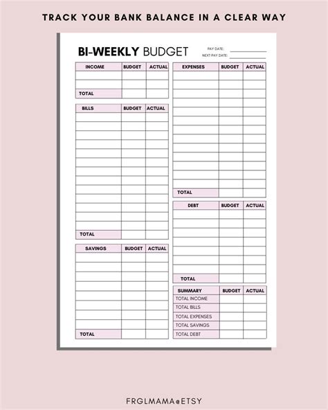 BI WEEKLY Budget Overview Template Printable Paycheck Budget Etsy