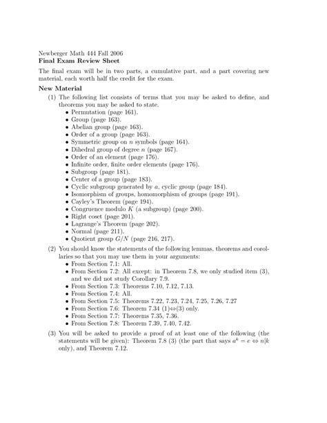 review sheet for final exam introduction to abstract algebra math 444 docsity