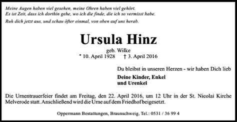 Traueranzeigen Von Ursula Hinz Trauer De