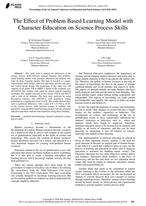 pdf the effect of problem based learning model with character education on science process skills