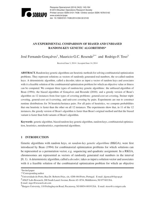 pdf an experimental comparison of biased and unbiased random key genetic algorithms