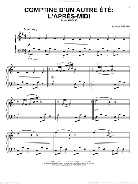 Comptine D Un Autre Ete L Apres Midi Sheet Music Easy For Piano Solo