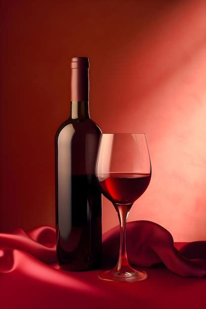 Uma Garrafa E Um Copo De Vinho Tinto Sobre Um Fundo Acetinado