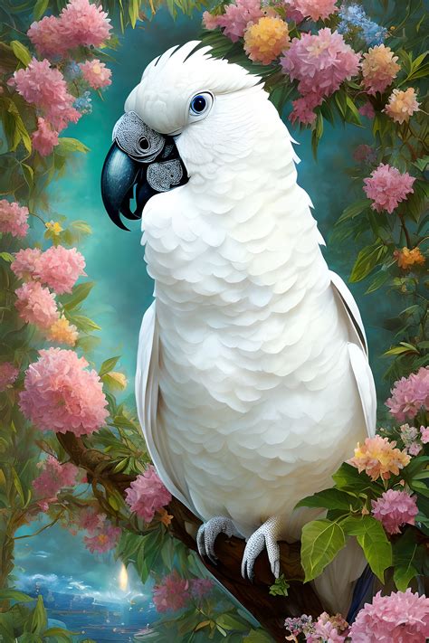 A White Cockatoo Sitting On Top Of A Floral Frame Magic Realism