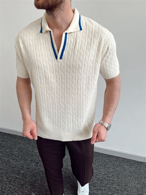 Erkek Y Ksek Kalite Polo Yaka Triko T Shirt Beyaz E