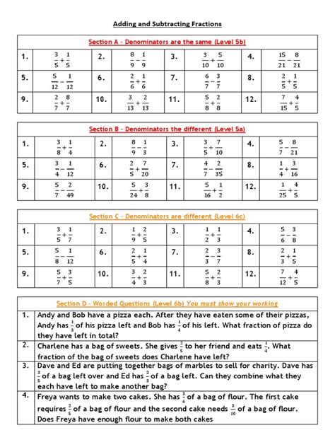 adding and subtracting fractions pdf fraction mathematics foods