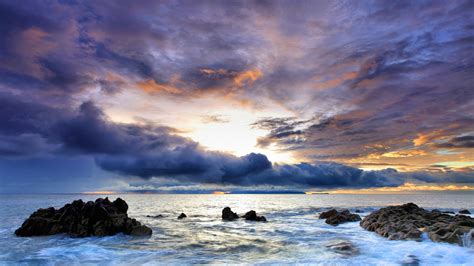 Papel de parede panorama Pôr do sol mar agua Rocha costa céu
