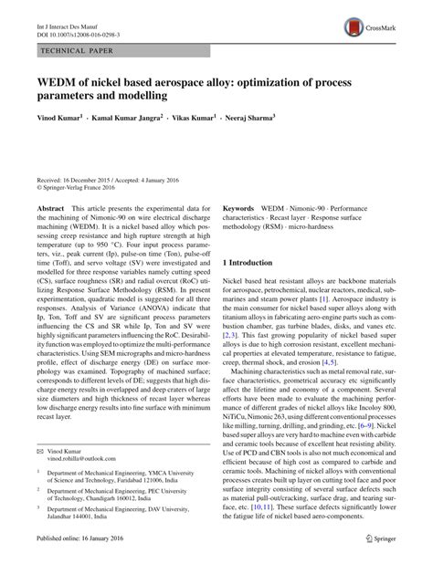 pdf wedm of nickel based aerospace alloy optimization of process parameters and modelling