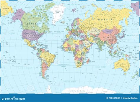 World Map Color Political Vector Detailed Illustration Stock Vector