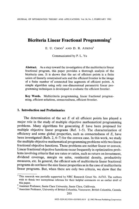 pdf bicriteria linear fractional programming