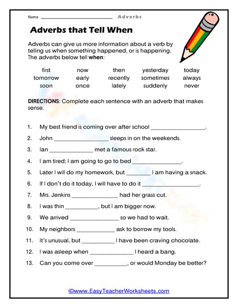 Adverbs That Tell When Worksheet