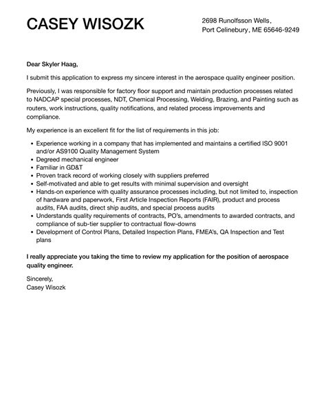 Aerospace Quality Engineer Cover Letter Velvet Jobs