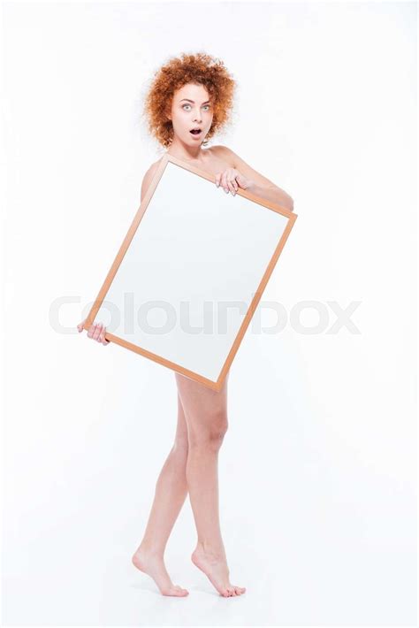 Amazed Naked Woman Holding Blank Board Stock Image Colourbox
