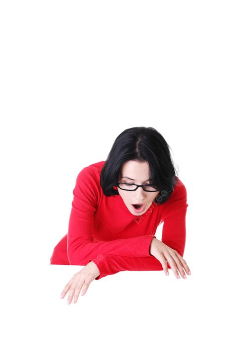 Shocked Woman Holding Blank Board Board Afraid Advertisement Peeping