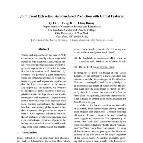 joint event extraction via structured prediction with global features acl anthology