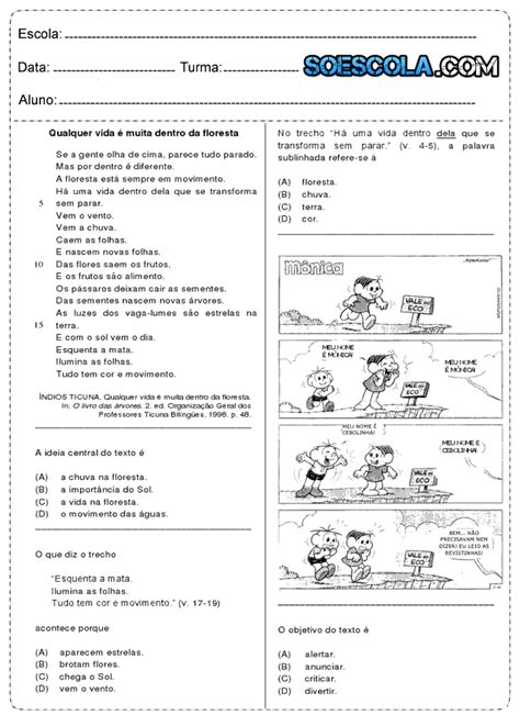 Interpreta O De Texto Exerc Cios Para O Ano S Escola