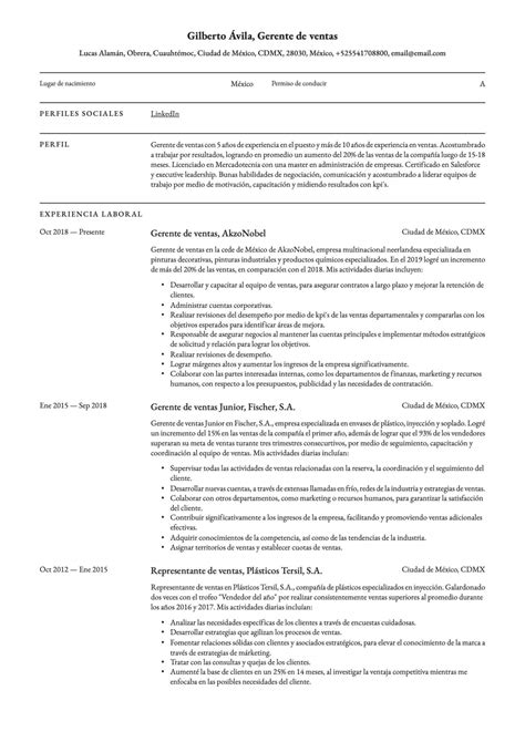 Currículum para gerente de ventas 18 plantillas Crea tu CV GRATIS