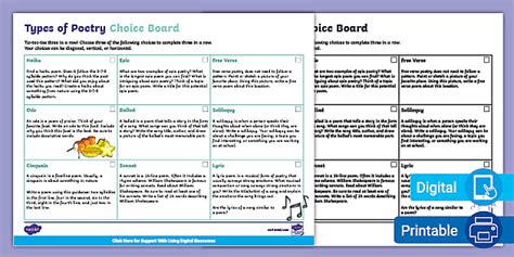 Poetry Choice Board Twinkl Usa Resources Lehrer Gemacht